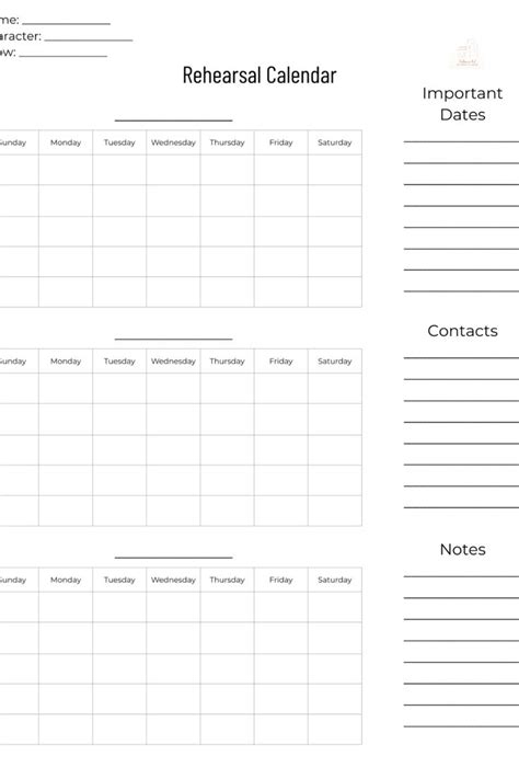 Rehearsal Calendar Theater Printable Resource For Actors Directors Cast
