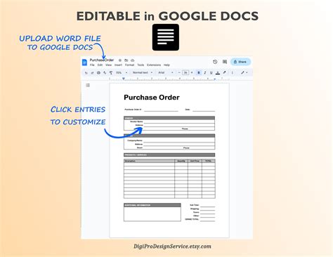 Purchase Order Form Editable Fillable WORD PDF PO Form Purchase Order Purchase Order