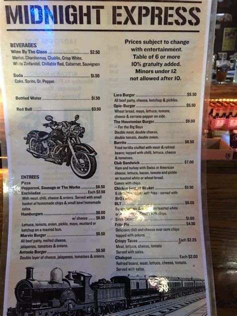 Menu At Midnight Express Pub And Bar Canyon Lake