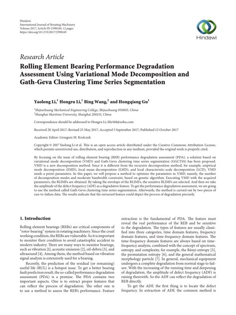 pdf rolling element bearing performance degradation assessment using