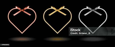 리본 장식이 있는 반짝이는 금속 하트 프레임 럭셔리 핑크 골드 골드 및 실버 테두리 블랙 배경 광택 있는 하트 모양 튜브 프레임 모형 디자인 요소 세트입니다 3d 벡터