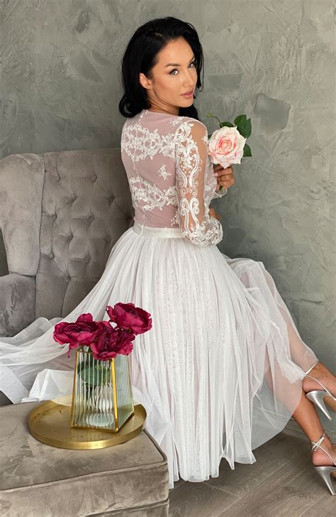 Rochie Cununie Civila Alba Midi Cu Dantela Si Tul Pentru Viitoare