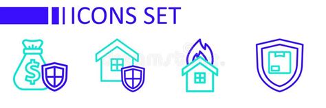 Set Line Delivery Security With Shield Fire In Burning House House And Money Bag Icon Vector