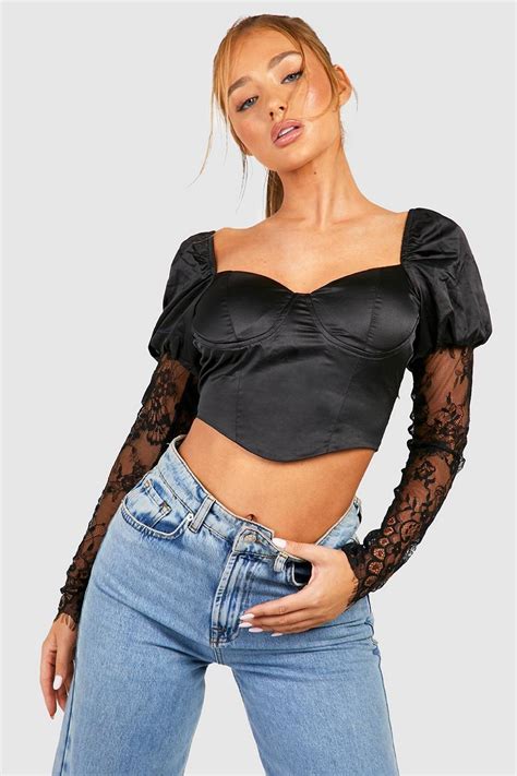 Womens Black Satin Lace Sleeve Corset Top Boohoo Uk