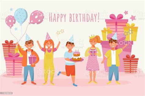 생일 축하 인사말 카드 평면 벡터 템플릿입니다 즐거운 어린이 휴일 축 하 키즈 파티 엽서 초대 디자인 레이아웃 포스터 배너 만화 캐릭터와 레터링 인쇄 생일에 대한 스톡 벡터