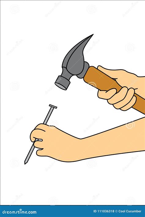 Mano Con El Martillo Que Martilla En Un Clavo Ilustración del Vector Ilustración de edificio