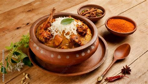 Spice Symphony Matka Dum Biryani Drizzled With Yoghurt And Curry Stock