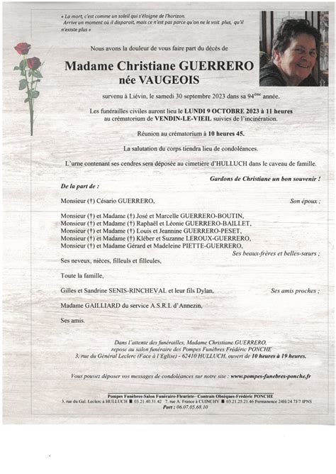 Madame Christiane Guerrero NÉe Vaugeois Pompes Funebres Ponche Frédéric