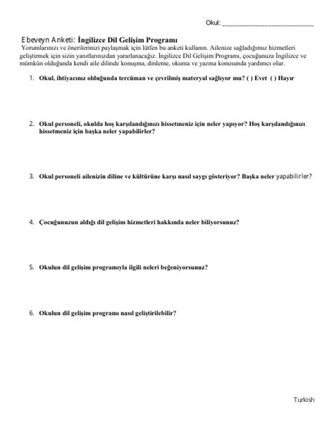 Washington Parent Survey English Language Development Program Turkish Fill Out Sign