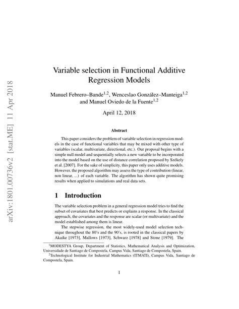 Pdf Variable Selection In Functional Additive Regression Models