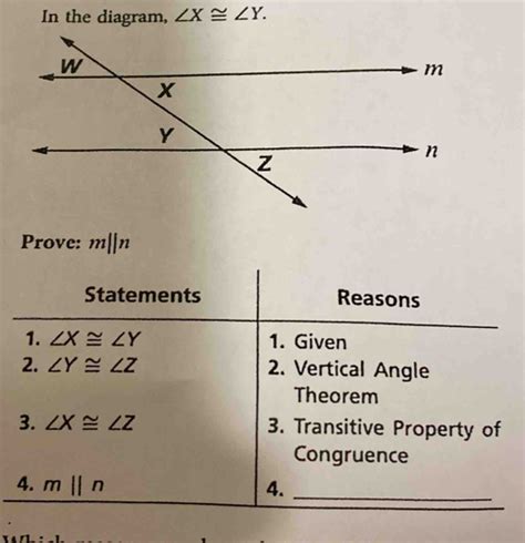 Solved In The Diagram X Y Prove M N Statements Reasons X Y Given Y