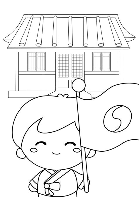 어린이와 성인을 위한 전통 한복 패션 컬러링 페이지를 가진 한국 어린이 인물 프리미엄 벡터