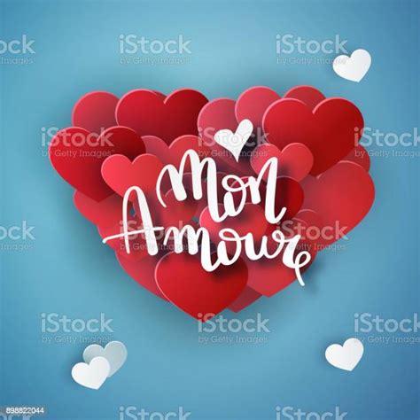 월 아무르 벡터 3d 현실 종이 잘라 심장 모양 풍선과 하트 장식 빨간 배경 텍스트 인사말 카드 카드 디자인을 손으로 벡터 일러스트 레이 션 10 Eps입니다 2월에 대한