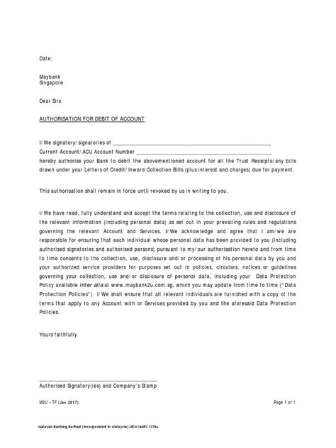 Bank Authorization Letter To Debit Example Pdf