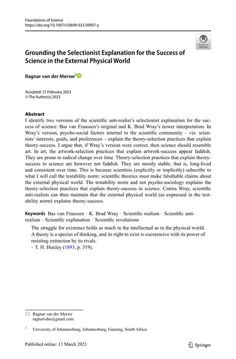 Pdf Grounding The Selectionist Explanation For The Success Of Science In The External Physical