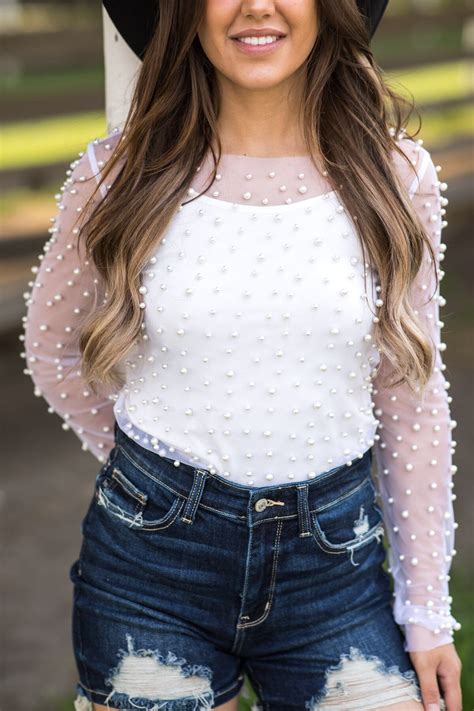 White Long Sleeve Top With Pearls · Filly Flair