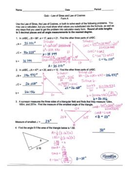 Precalculus Quizzes Answer Keys Law Of Sines Cosines TpT