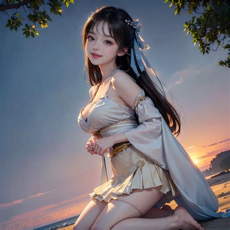 흰색 드레스를 입은 여자가 나무 옆 해변에 앉아 있다 Seaart Ai