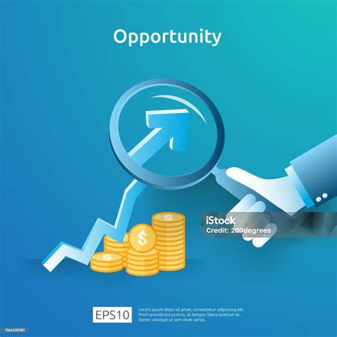 비즈니스 아이디어 분석 및 기회 연구 개념 증가 성장 그래픽 차트 와 돋보기 손에 화살표 요소를 가진 투자 Roi 일러스트레이션의 재무 성과 가능성에 대한 스톡 벡터 아트