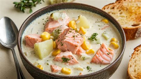Creamy Salmon Chowder With Corn And Potatoes Stock Illustration