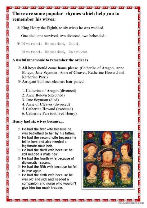 Henry Viiis Wives Vocabulary Flashc English Esl Worksheets Pdf And Doc
