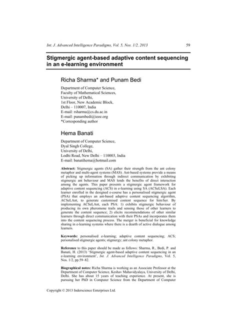 Pdf Stigmergic Agent Based Adaptive Content Sequencing In An E