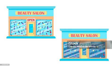 뷰티 살롱은 문을 열고 문을 닫습니다 흰색 배경에 격리 된 상점 외관의 컬렉션입니다 플랫 스타일의 벡터 일러스트레이션 거리에 대한 스톡 벡터 아트 및 기타 이미지 Istock