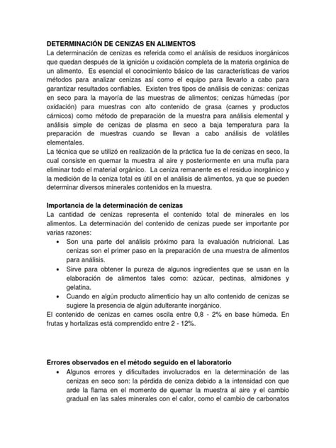 Determinación De Cenizas En Alimentos Pdf Carne Alimentos