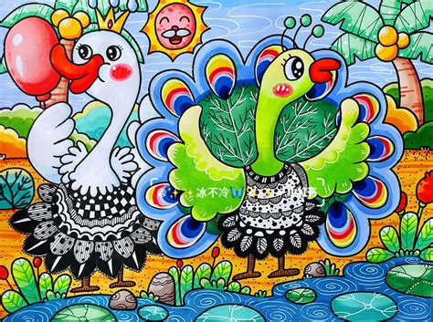 孔雀儿童画图画孔雀儿童画范画大山谷图库