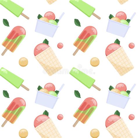 Seamless Pattern With Cute Cartoon Style Ice Cream White Background Stock Vector Illustration