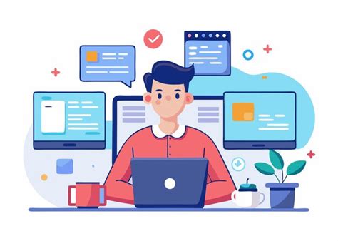 Programmer Working On Several Screens Vector Illustration Premium Ai