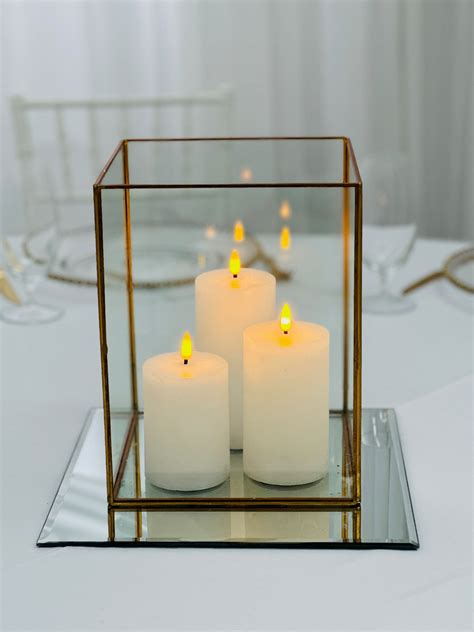Gold Rectangle Lantern Large With Three Led Pillar Candles And Square