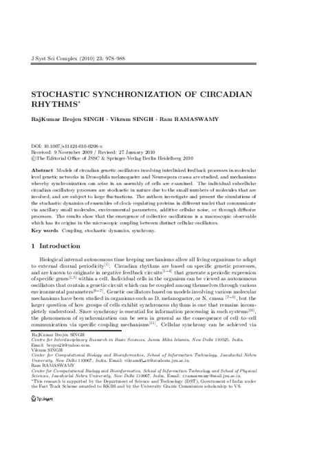 Pdf Stochastic Synchronization Of Circadian Rhythms