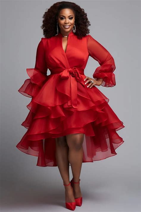 Xpluswear Design Plus Size Formal Tulle Red 34 Sleeve Ruffle Tiered