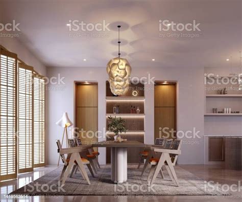 3d 렌더링 3d 일러스트레이션 인테리어 장면 및 모형 식당 인테리어 선반이 내장 된 벽을 장식합니다 0명에 대한 스톡 사진 및