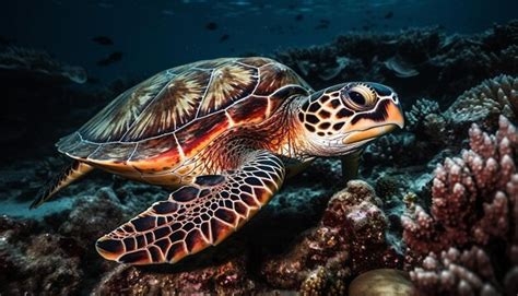 Premium Ai Image Multi Colored Sea Turtle Swims In Idyllic Reef Generated By Ai