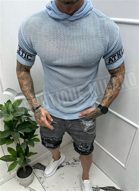 Модерна мъжка тъмно синя тениска на дупчици с качулка T308 2 Boutique