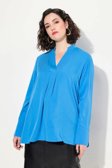 Split Neck Long Sleeve Collared Blouse Royal Blue Ulla Popken