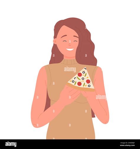 Happy Woman Eating Pizza Girl Holding Slice Of Italian Pizza Vector