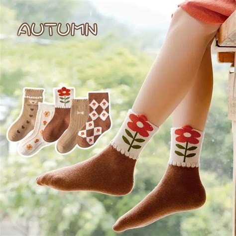 Girls Cartoon Flower Pattern Knitted Socks Cotton Blend Temu Australia