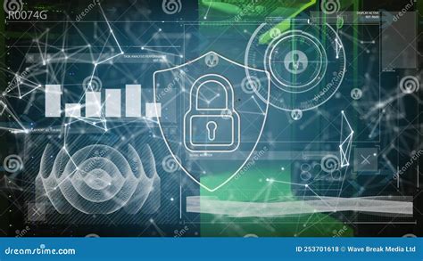 Animation Of Lock In Shield Dots And Profile Icons Connecting With Lines And Graph Over Data