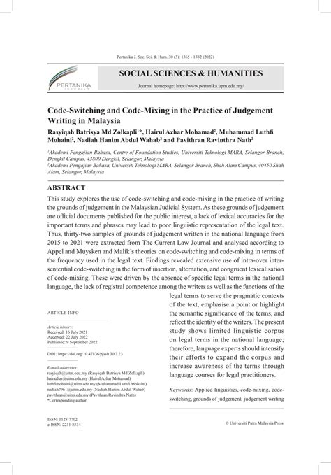 Pdf Code Switching And Code Mixing In The Practice Of Judgement Writing In Malaysia
