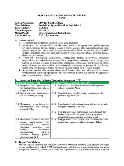 RPP 1 Saya Tumbuh Dan Berkembang | PDF