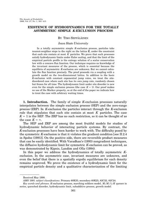Pdf Existence Of Hydrodynamics For The Totally Asymmetric Simple K Exclusion Process