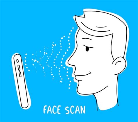 스마트 폰이 얼굴을 스캔하여 파란색 배경 화면 잠금 해제 프리미엄 벡터