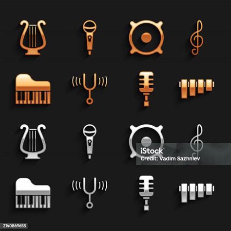 음악 소리굽쇠 고음 음자리표 팬 플룻 마이크 그랜드 피아노 스테레오 스피커 고대 거문고 및 아이콘을 설정합니다 벡터 피아노 조율에 대한 스톡 벡터 아트 및 기타 이미지