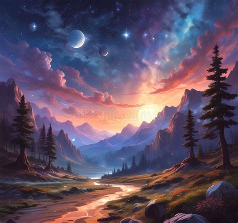 Illustration Of Landscape With Starry Sky Stock Illustration