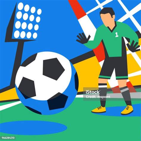 골키퍼는 목표를 방어 공을 경기장의 배경에 대해 축구 선수 러시아의 축구 선수입니다 페널티입니다 평면 스타일에 풀 컬러