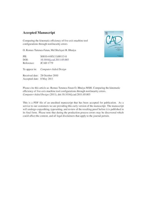 Pdf Comparing The Kinematic Efficiency Of Five Axis Machine Tool Configurations Through