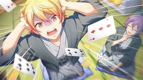 Two Anime Characters Playing Cards In Front Of Some Dices And Other